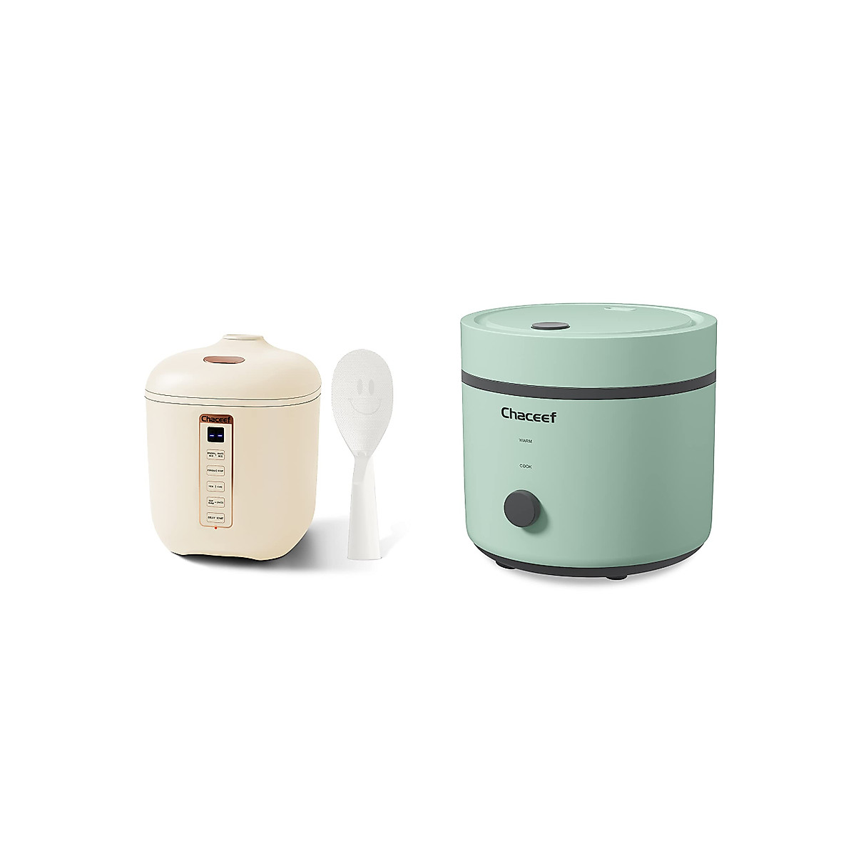 CHACEEF Mini Rice Cooker 2-Cups Uncooked, 1.2L Portable Non-Stick Small Travel Rice Cooker, Beige & CHACEEF Rice Cooker 3-Cups Uncooked, 1.5L Small Rice Cooker with Non-stick coating, Green