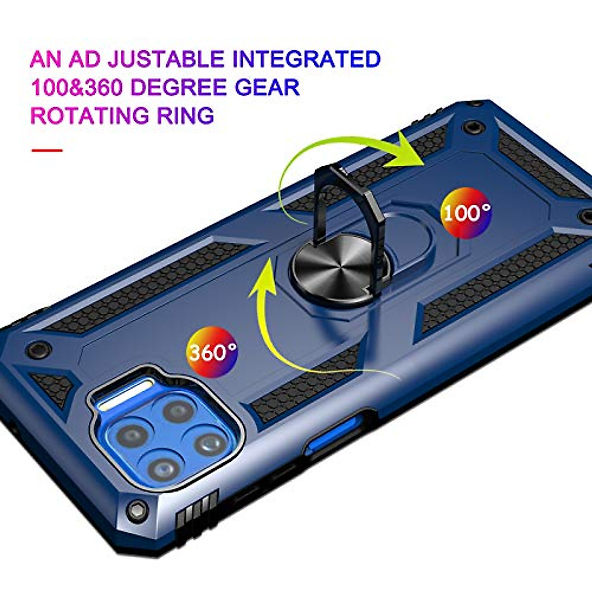 Androgate Compatible with Moto One 5G Case, Motorola One 5G UW Case, with Tempered Glass Screen Protectors, Military-Grade Metal Ring Kickstand 18ft Drop Tested Shockproof Cover Case, Blue