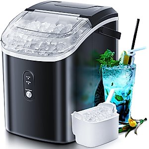 Nugget Countertop Ice Maker with Soft Chewable Pellet Ice, 34lbs/24H,Pebble Portable Ice Machine with Ice Scoop and Handle, Self-Cleaning, One-Click Operation, for Kitchen,Office Black