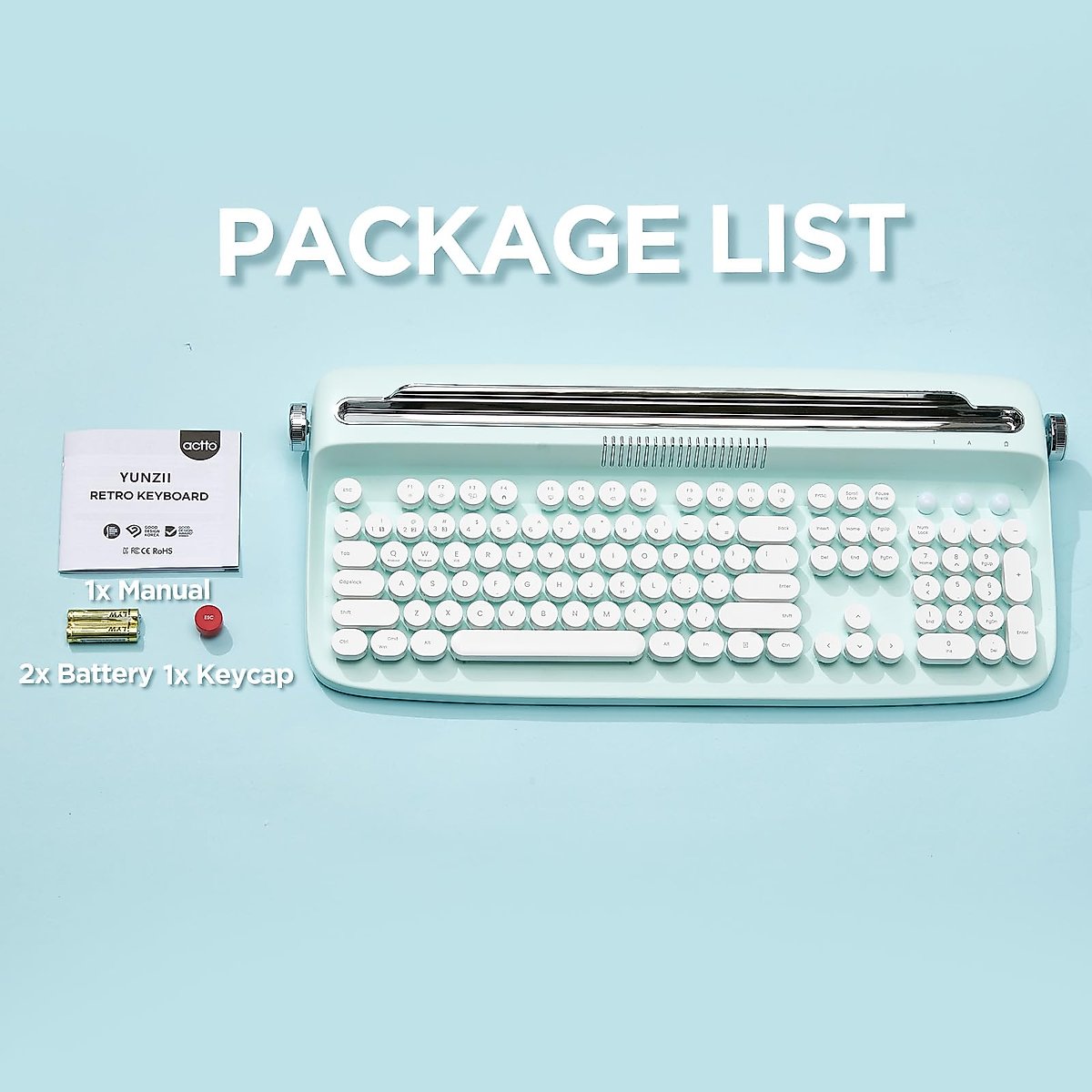 YUNZII ACTTO B503 Wireless Typewriter Keyboard, Retro Bluetooth Aesthetic Keyboard with Integrated Stand for Multi-Device (B503, Sweet Mint)