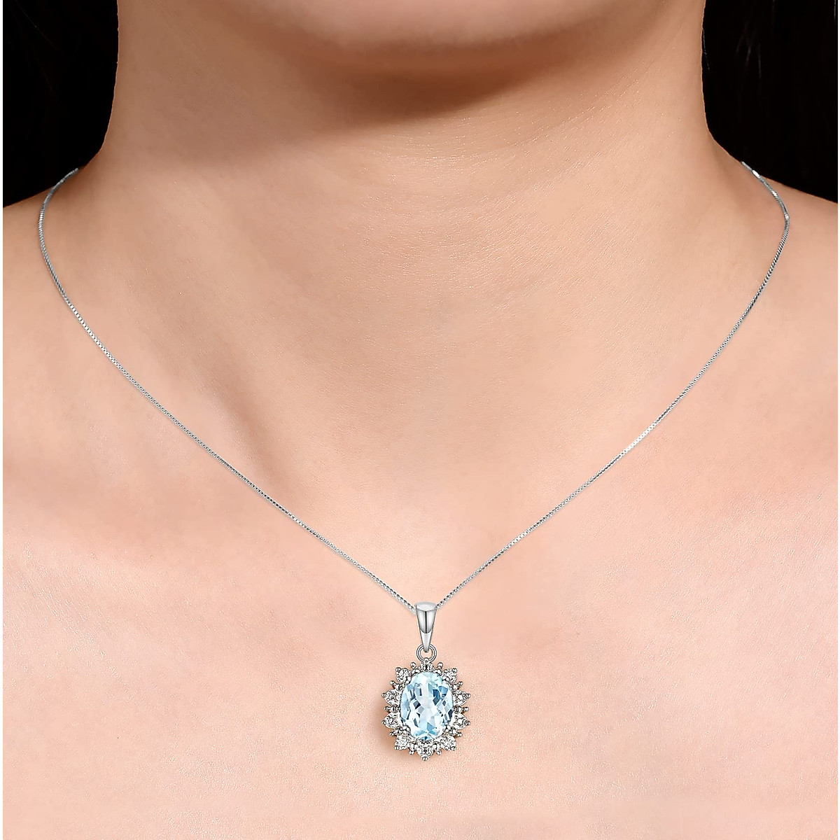 Rylos Sterling Silver Princess Diana Inspired Necklace: 9X7MM Aquamarine & Sparkling Diamonds - 18" Chain Exquisite Birthstone Jewelry
