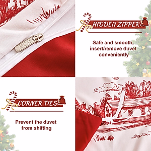 Luxudecor Christmas Duvet Cover Set King Size 3 Pieces Red Yuletide Duvet Cover Hello Winter Pattern Bedding Set with Pillowcase for Christmas New Year (104"x90")
