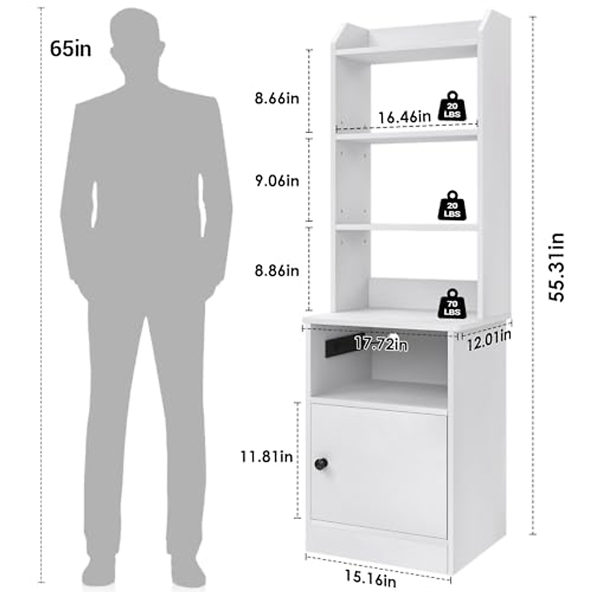 Aufvolr 6 Tier Bookshelf with Cabinet，Tall Night Stand with Charging Atation, Wood Book Shelf Storage Organizer, Modern Display Standing Shelf Unit for Bedroom, Living Room, Office (White)