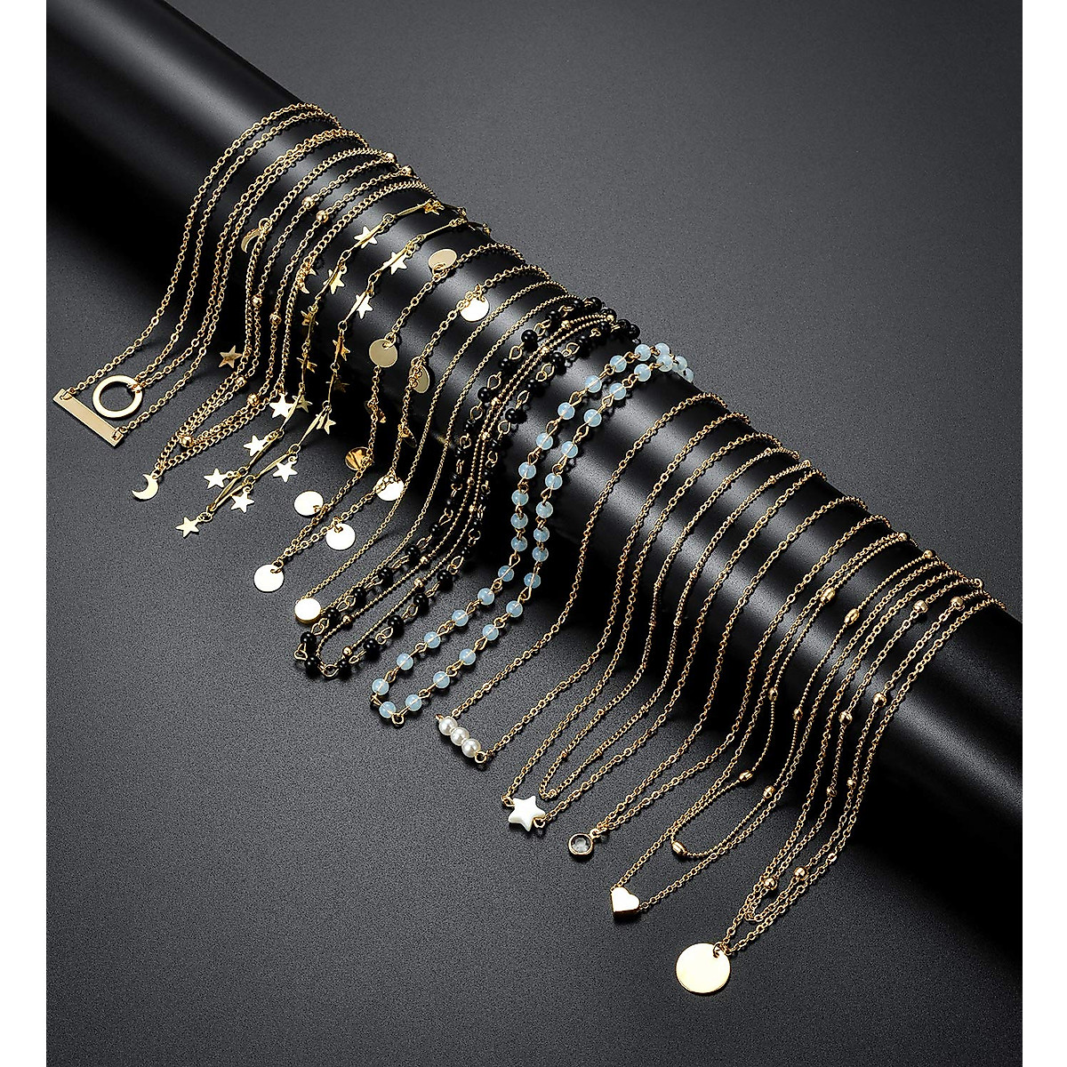 Ofeiyaa 12pcs Chain Gold Bead Necklace Coin Moon Star Pearl Pendant Chain Choker Multilayer Necklace Leather Cord Set for Women Men Gold Adjustable