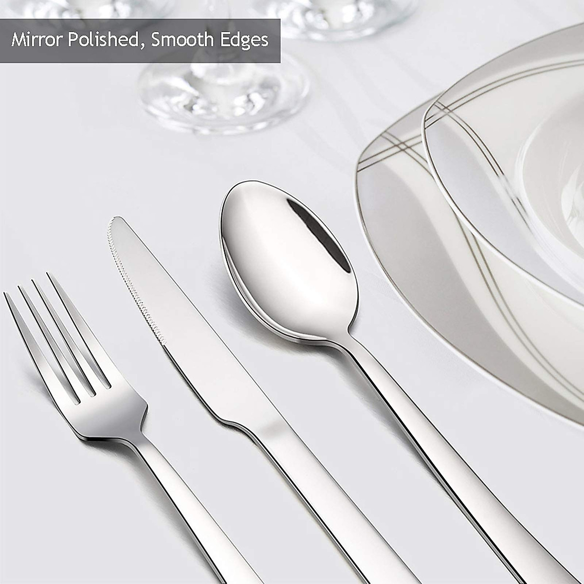 30-Piece Silverware Set, E-far Stainless Steel Flatware Set Service for 6, Modern Tableware Cutlery Set for Home and Restaurant, Square Edge & Mirror Finish, Dishwasher Safe