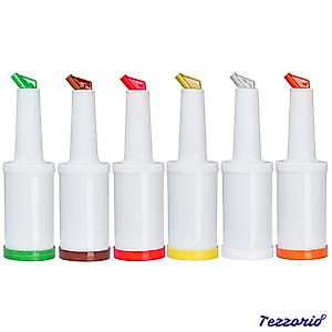 Tezzorio Store N Pour 1 Qt. Bottle with Orange Pour Spout and Cap, 32 oz Flow-N-Stow Fruit Juice/Liquor Bar Storage Container, Bartender Supplies