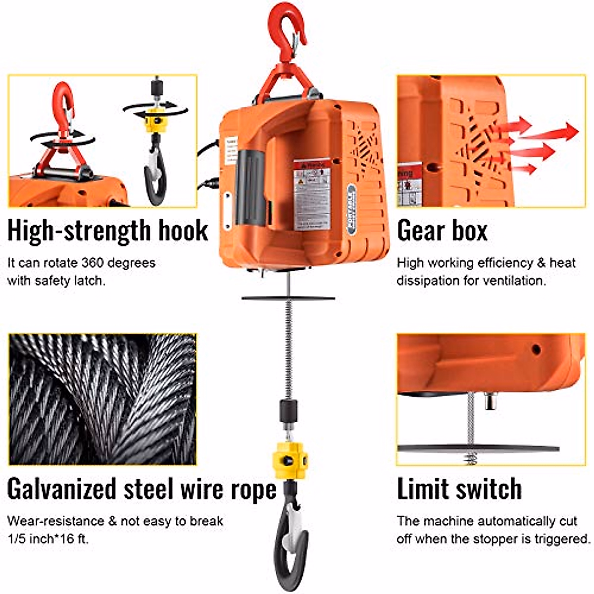 VEVOR 3in1 Electric Hoist Winch, 1500W Portable Electric Winch, 110V Power Winch Crane, 25ft Lifting Height, Overload Protection for Lifting