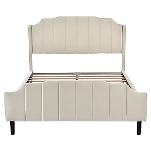 RUNWON Queen Size Upholstered Platform Bed,Bed Frame with Headboard and Footboard for Living Room/Bedroom, Velvet Fabric,Beige