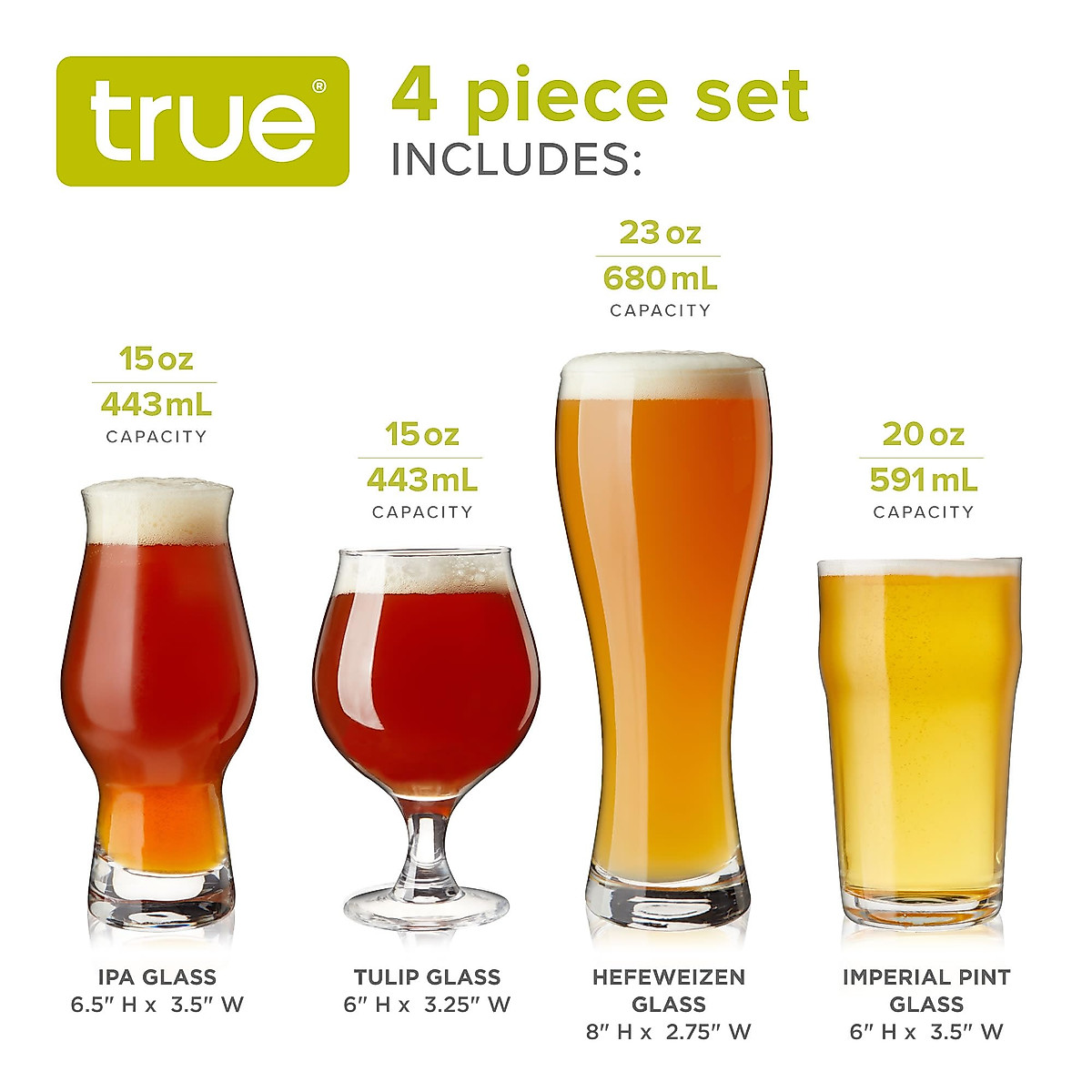 True Craft Beer Tasting Kit Glasses, Dishwasher Safe for Drinking IPAs, Tulips, Hefeweizen, and Imperial Pint Glassware, Set of 4