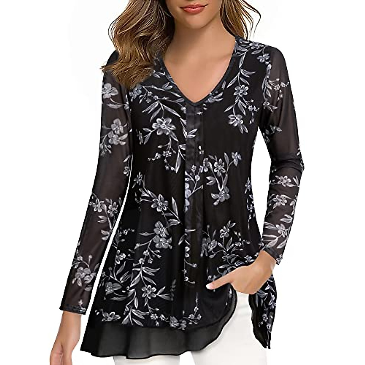 Triratna Women's Tunic Tops Work Blouses for Women Office Professional Pleated Front Ruffle Hem V Neck Double Layers Fancy Gorgeous Tunic Shirts Vacation Dressy Tops Black-White Floral,L