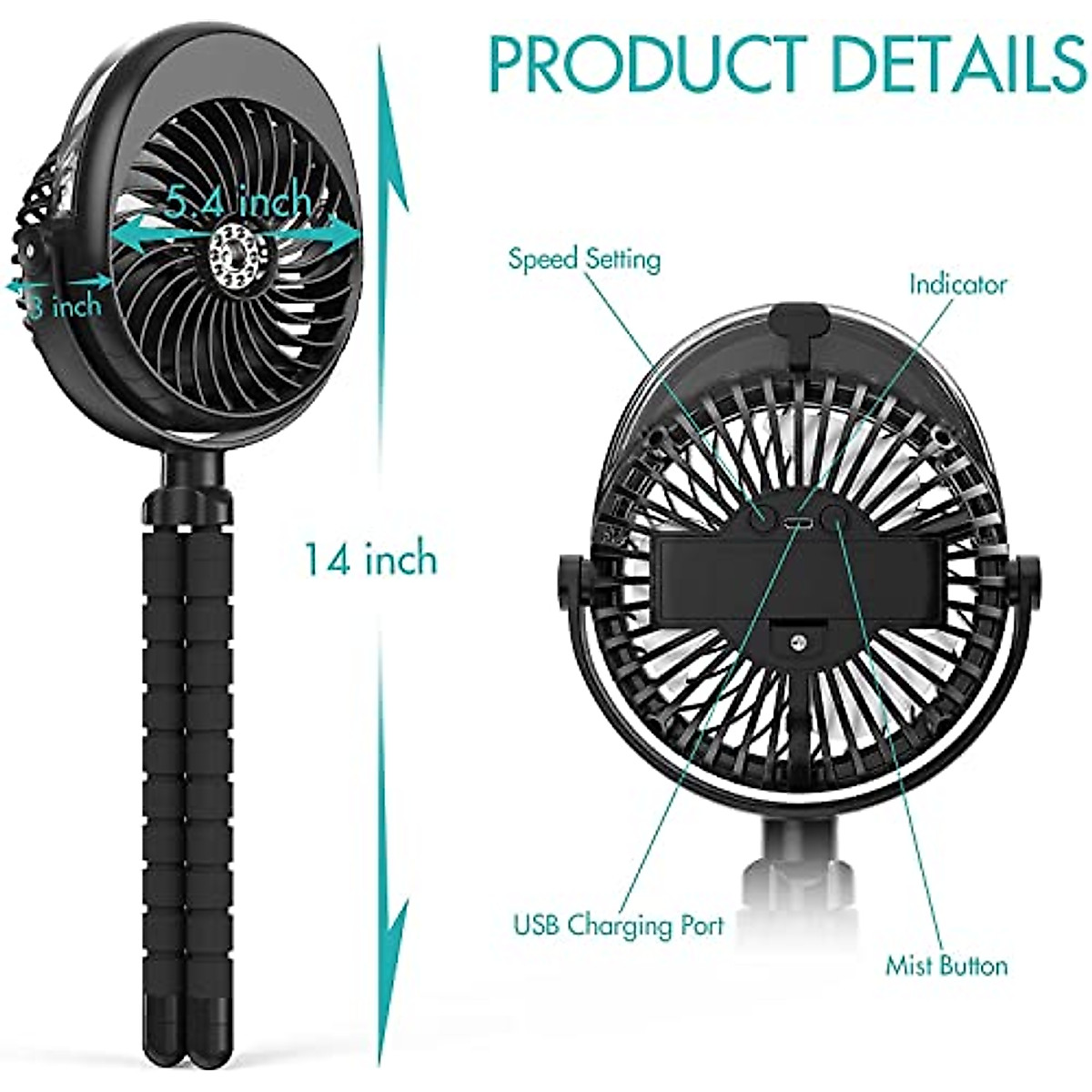 COMLIFE Misting Baby Stroller Fan, 270° & 360° Pivoting Portable Fan, Battery Operated USB Fan, Handheld Misting Fan, with Flexible Tripod Clip on Car Seat Crib Bike Treadmill Bunk Bed