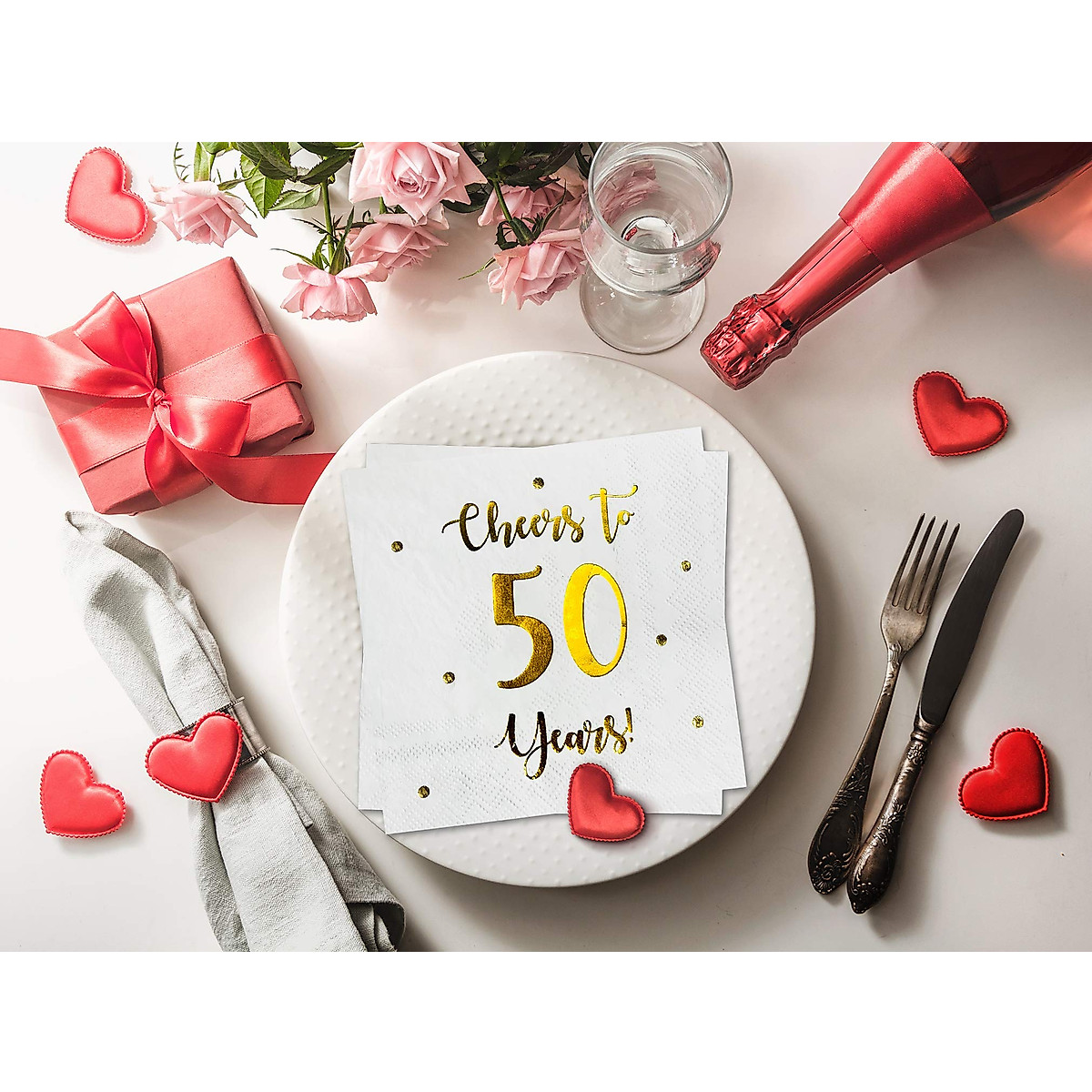 Cheers to 50 Years Cocktail Napkins | Happy 50th Birthday Decorations for Men and Women and Wedding Anniversary Party Decorations | 50-Pack 3-Ply Napkins | 5 x 5 inch folded (White)