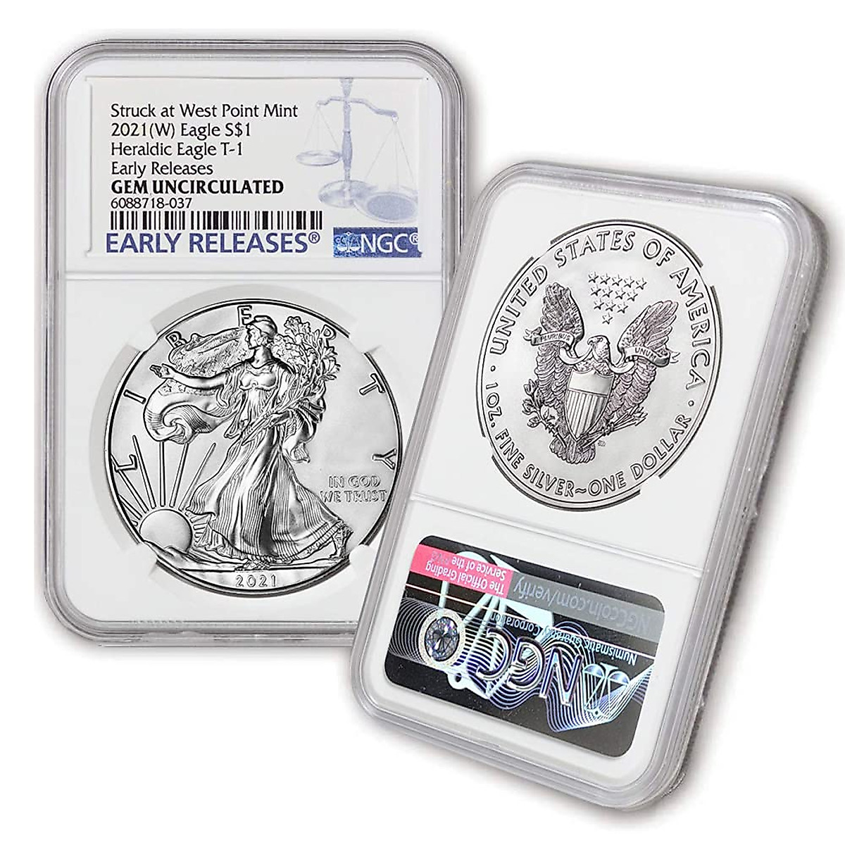 2021 (W) 1 oz American Silver Eagle Coin Gem Uncirculated (Heraldic Eagle T-1 - Early Releases - Struck at West Point Mint) $1 GEMUNC NGC