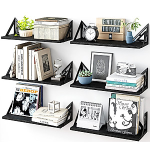 Fixwal 6 Pack Floating Shelves, Book Shelves for Wall Decor, Rustic Farmhouse Wood Wall Bookshelves, Wall Shelves for Bedroom, Living Room, Kitchen, Bathroom, Office and Plants (Black)