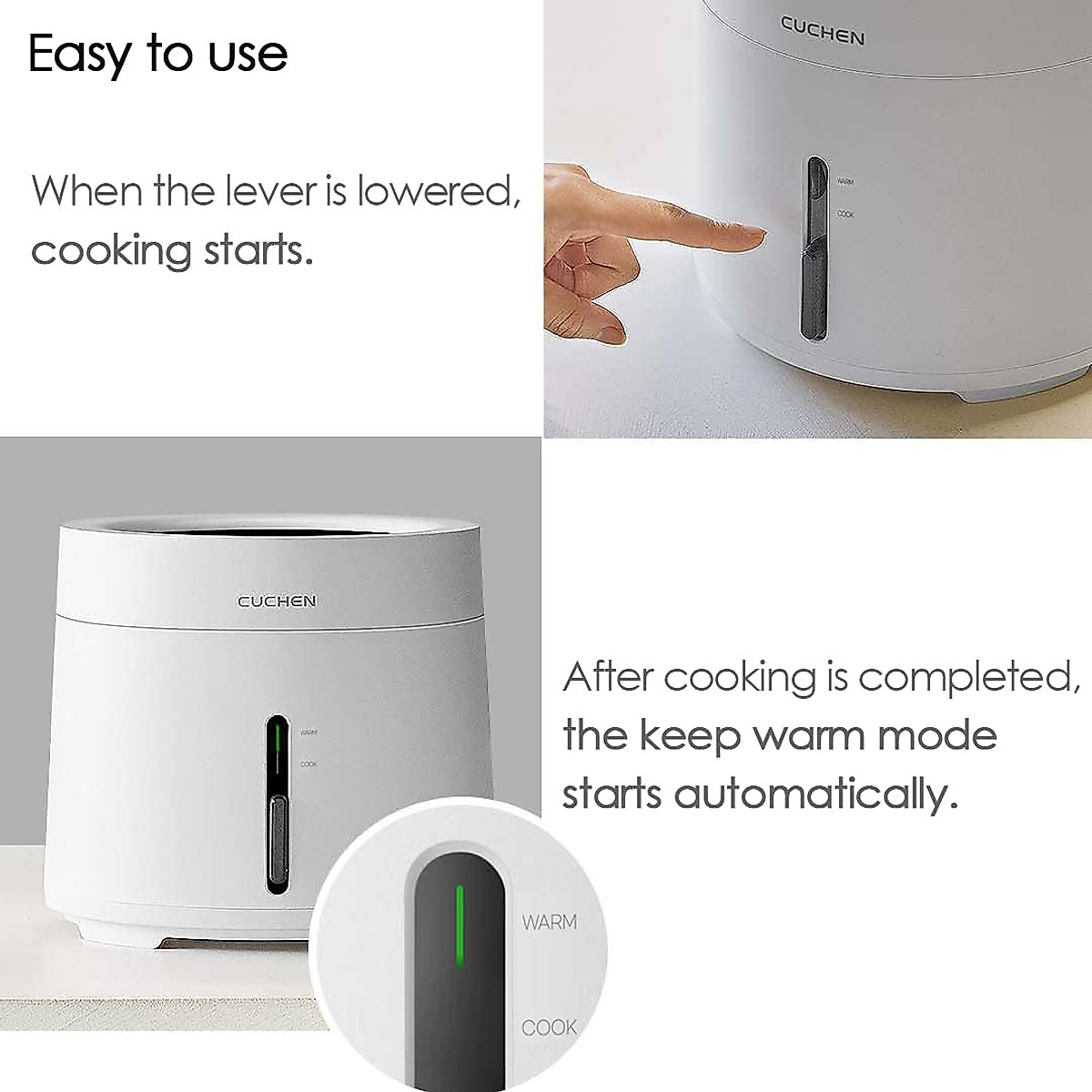 [CUCHEN] CRE-D0401W | Rice Cooker 4 Cup (Uncooked) (0.76 quarts): 4 person serving/per use | Warmer | Detachable Clean Cover | Nonstick Inner Pot | White [CUCHEN]