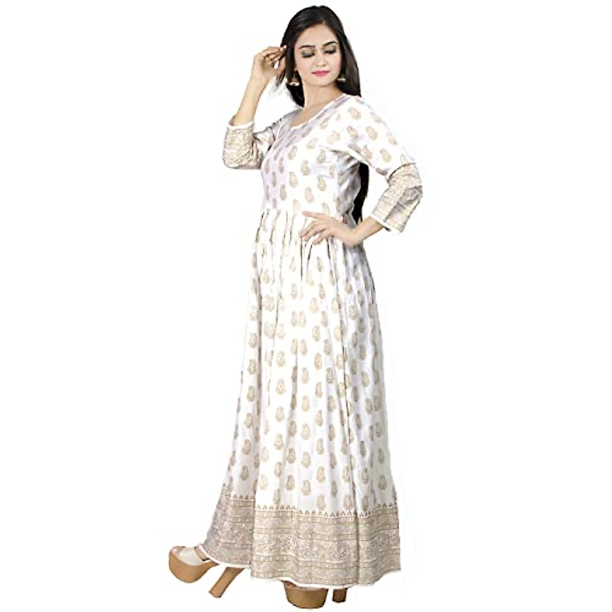 Chandrakala Gold Foil Printed Long Kurti for Women Rayon Indian Anarkali Ethnic Tunic Top Kurta Kurti Dress,X-Large (K199WHI4)
