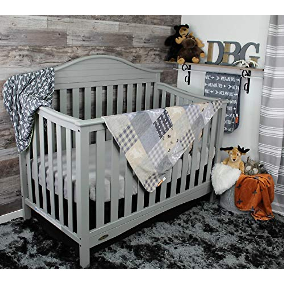 Dear Baby Gear Baby Blanket - Double Layer, Gender Neutral for Girls and Boys, Faux Quilt Soft Infant Blanket with Gray Tan Adventure and Grey Moose on Tan Design, 40x30 inches