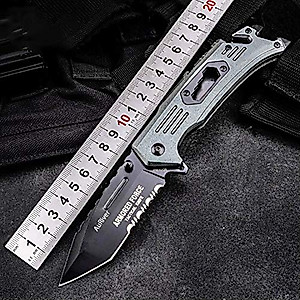 Folding Knife, 6-in-1 Survival Folding Pocket Knife with Glass Breaker, Seatbelt Cutter, Bottle Opener and Steel Serrated Blade ect Multi-Function Emergency Tool