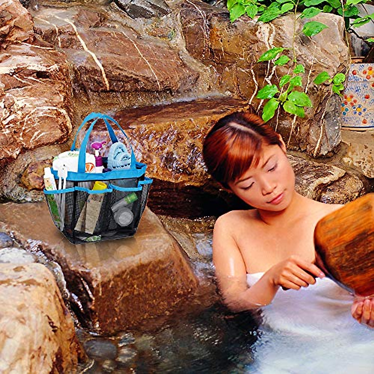 DanziX 2 Pack Portable Mesh Shower Caddy, Quick Dry Shower Tote Bag Hanging Toiletry Bath Organizer with 8 Storage Compartments for Shampoo, Soap and Other Bathroom Accessories - Black, Blue