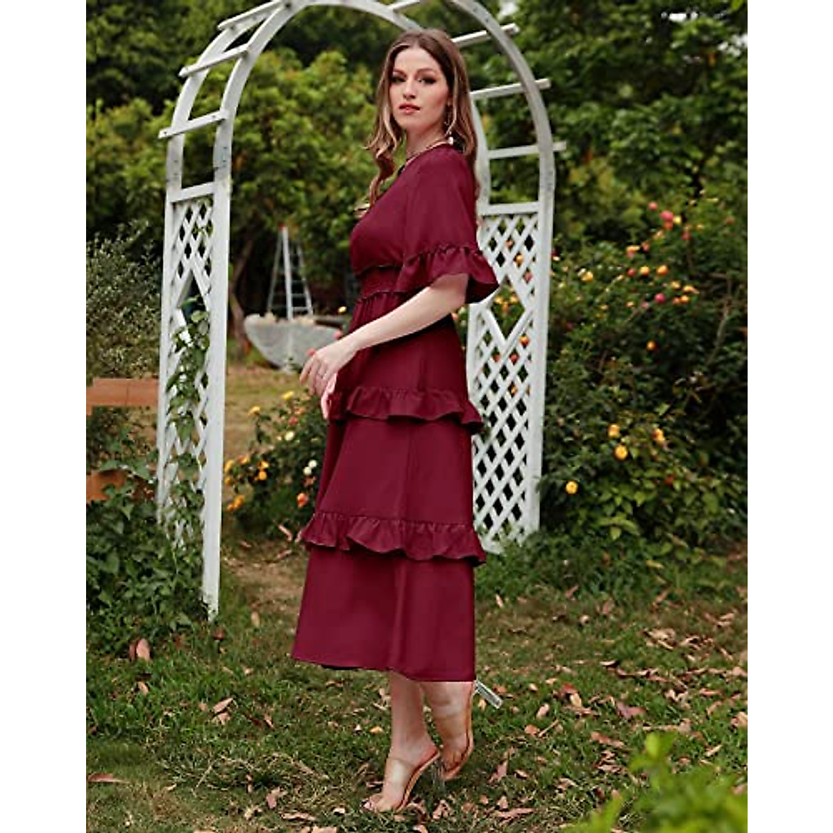 Aonour Womens 2023 Summer Wedding Casual Flutter Sleeves V Neck Flowy Cute High Waist Tiered Ruffle Midi Dress Baby Shower Amazon Modest Dresses ARC1002 Burgundy L
