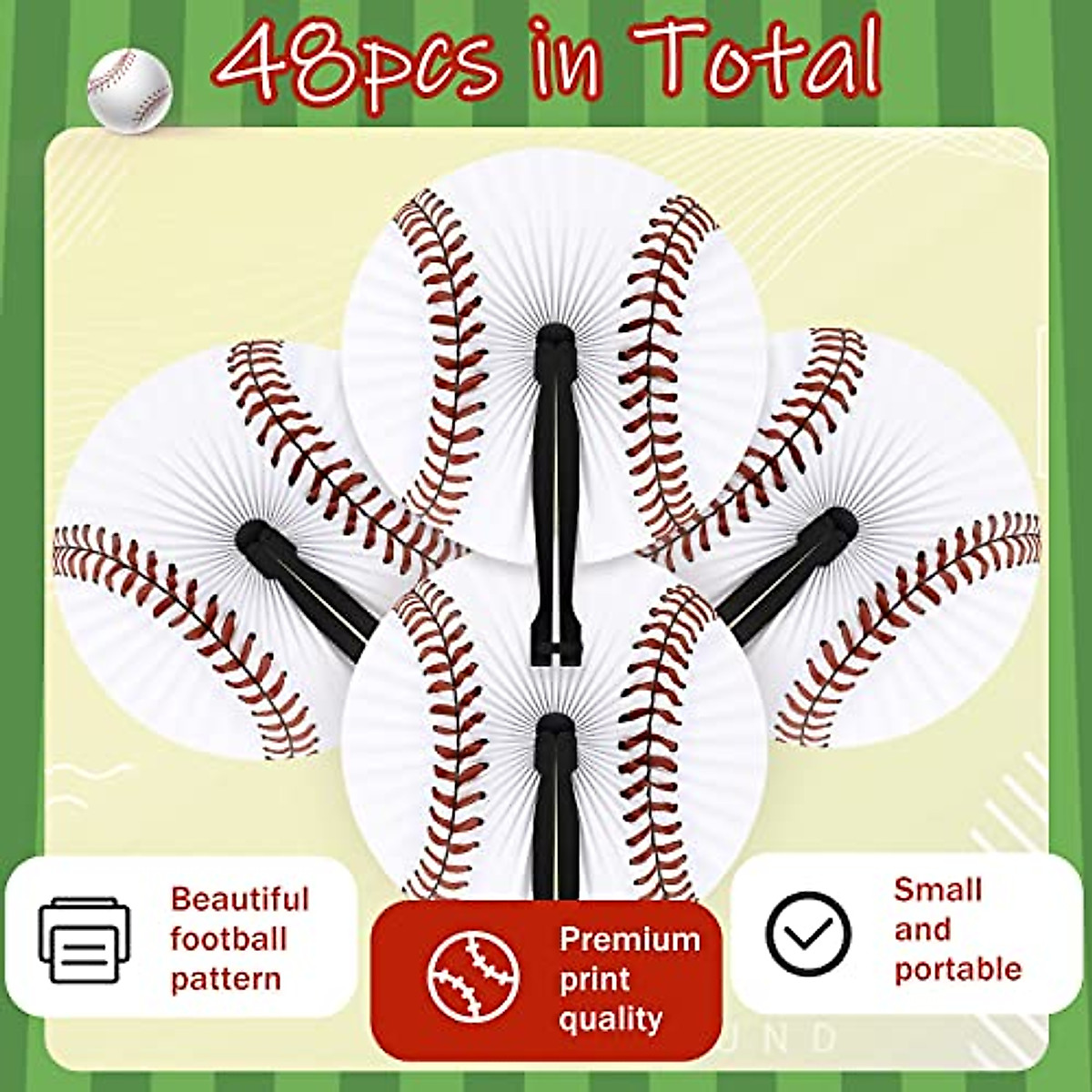 48 Pack Baseball Paper Fans Decorations Party Favors Round Folding Fans with Plastic Handle Craft Handheld Fan Baseball Cutouts Hand Hanging Fans for Weddings Sports Themed Birthday Festival Kid Gift