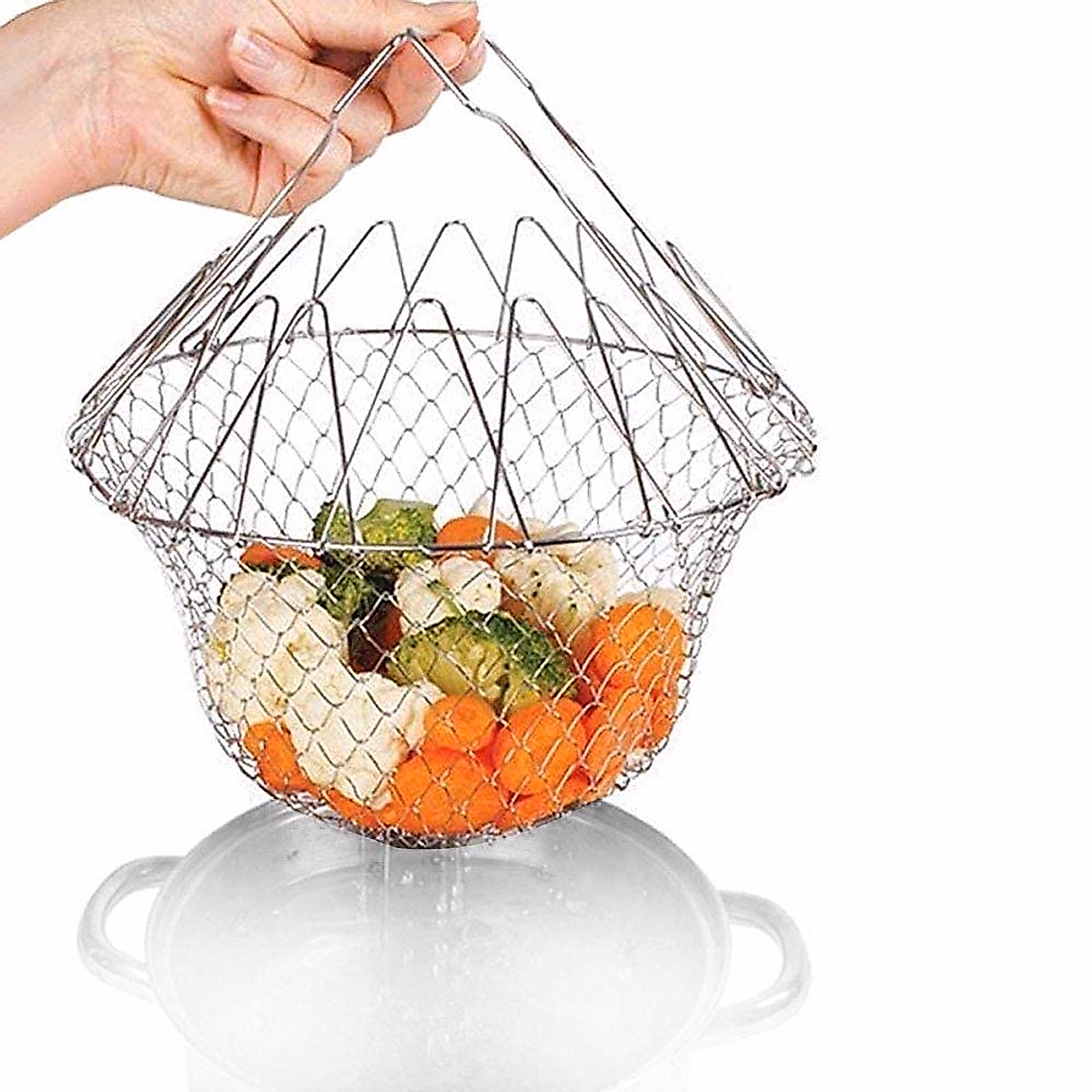 304 Stainless Steel Foldable Steam Rinse Strain Fry Basket Strainer Net Kitchen Cooking Tool for Fried Food or Fruits