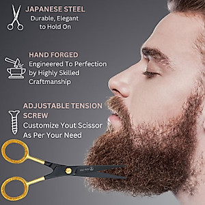 MTM PRO Professional Beard & Mustache Scissors with Mustache Comb Grooming kit For Men Beard Trimming Scissors, Small Grooming Scissors Men, Mustache & Beard Scissors (Black, Gold, 5 inches)