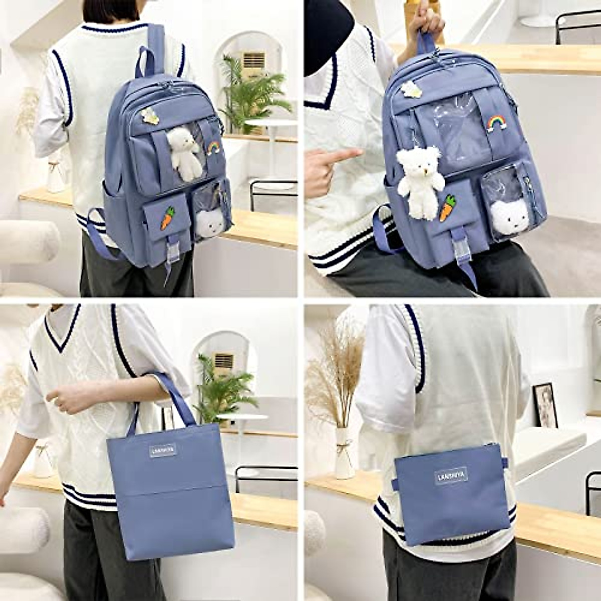 YGYCF Kawaii Backpack 5Pcs Set for Student with Cute Bear Accessories - School Bags for Teen Girls Back to School Supplies Essentials Aesthetic Bookbag, A Blue