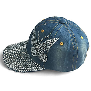 Kangqifen Women Rhinestone Pattern Distressed Denim Baseball Cap Sparkle Bling Hat Adjustable Butterfly