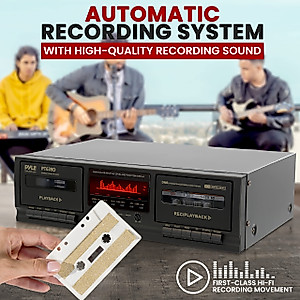 Pyle Dual Cassette Deck Stereo - Compact & Portable Hi-Fi Tape Recorder Player with Digital Professional Noise Reducing System, Automatic Recording, RCA Cables - Record & Play Audio/Music - PT639D