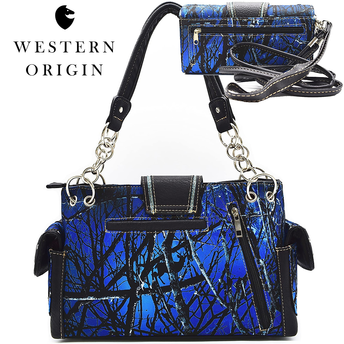 Camouflage Crown Buckle Western Style Purse Floral Shine Glow Country Handbag Women Shoulder Bag Crossbody Wallet Set (Blue)