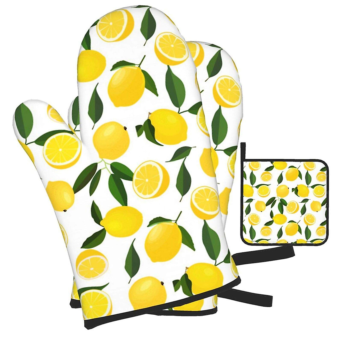 Lemon Oven Mitts and Pot Holders Sets of 3,Resistant Hot Pads with Polyester Non-Slip BBQ Gloves for Kitchen,Cooking,Baking,Grilling