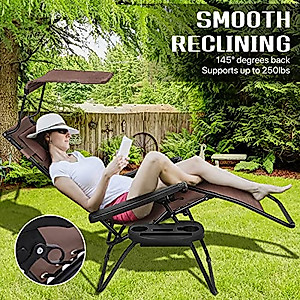 Zero Gravity Chairs, Folding Lounge Seat Recliner Beach Chair with Cup Holder Tray and Pillow Canopy for Pool Side Indoor Outdoor Patio Yard Beach- 2Pack (Brown)