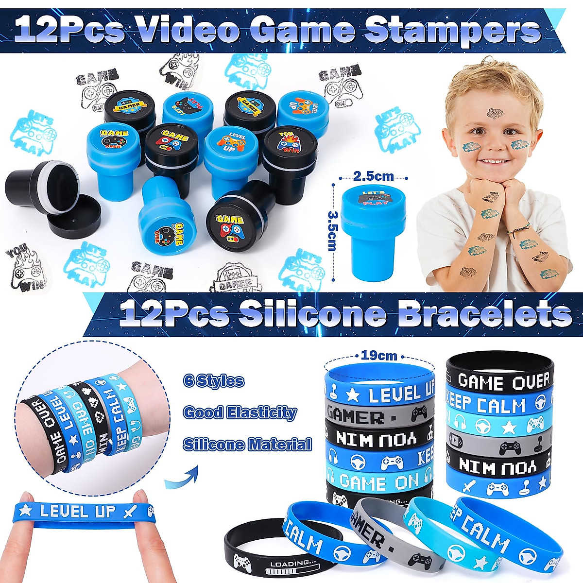 Winrayk 136Pcs Video Game Party Favors Gamer Birthday Supplies for Kids Boys Girl Drinking Straw VIP Pass Gift Bag Bracelet Stamper Luminous Tattoo Sticker Keychain Pinata Stuffers Gaming Party Favors
