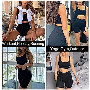 TWFRHC Women's Workout Sets Ribbed Tank 2 Piece Seamless High Waist Gym Outfit Yoga Shorts Sets