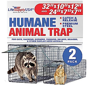 LifeSupplyUSA 2pc Animal Traps (32"x10"x12" & 24"x7"x7") for Cats, Racoons, Gophers, Possums, Skunks, Beavers and Other Similar Sized Animals. Easy Trap Catch & Release cage with 1-Door