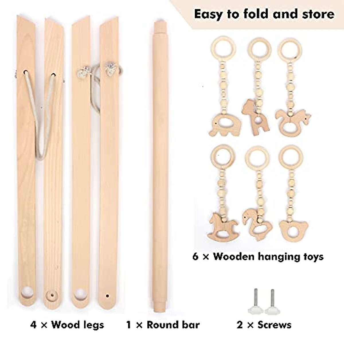 NUNGT Wooden Baby Gym with 6 Hanging Wooden Baby Toys Foldable Wooden Baby Play Gym Activity Gym Baby Play Hanging bar Frame Activity Gym