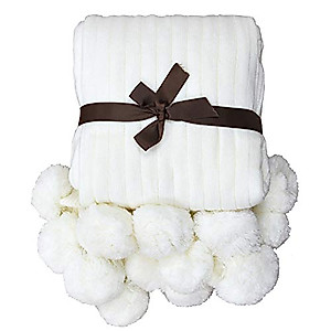 TEALP Pom Pom Blanket White Cotton Knitted Throw Blanket with Pom Poms (Cream White, 40''x60'')