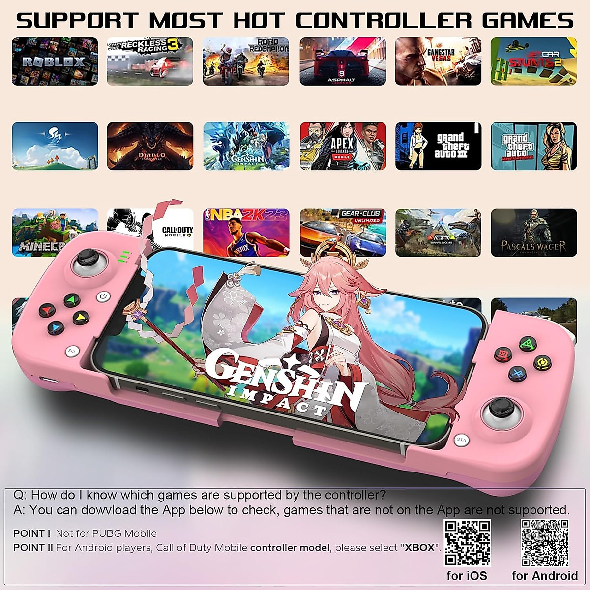 Megadream Mobile Game Controller Gamepad for iPhone iOS Android PC: Works with iPhone 15/14/13/12/11/X, iPad, Samsung Galaxy, TCL, Tablet, Call of Duty, Roblox - Directly Play (Pink)