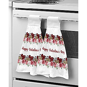 Hanging Kitchen Towels 2 Pack, Happy Valentines Day Hand Towel with Loop Absorbent Dish Cloth Tie Towels for Bathroom Laundry Room Decor Hand Dry Towel Rose Heart Plaid Leopard Print