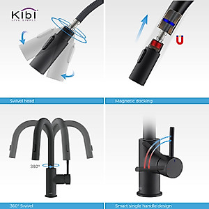 KIBI Luxe Single Handle Pull Down Faucet for Kitchen Sink | Solid Brass High Arc Faucet Spout | Kitchen Faucet with Pull Down Sprayer (Matte Black) (KKF2011) (Soap Dispenser Included)