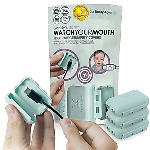 Geddy's Mom - Watch Your Mouth - The Award Winning USB Charger Child Safety Cover - Made in The USA - Baby Proofing Toddler Shock Prevention (3 Pack Dusty Aqua)