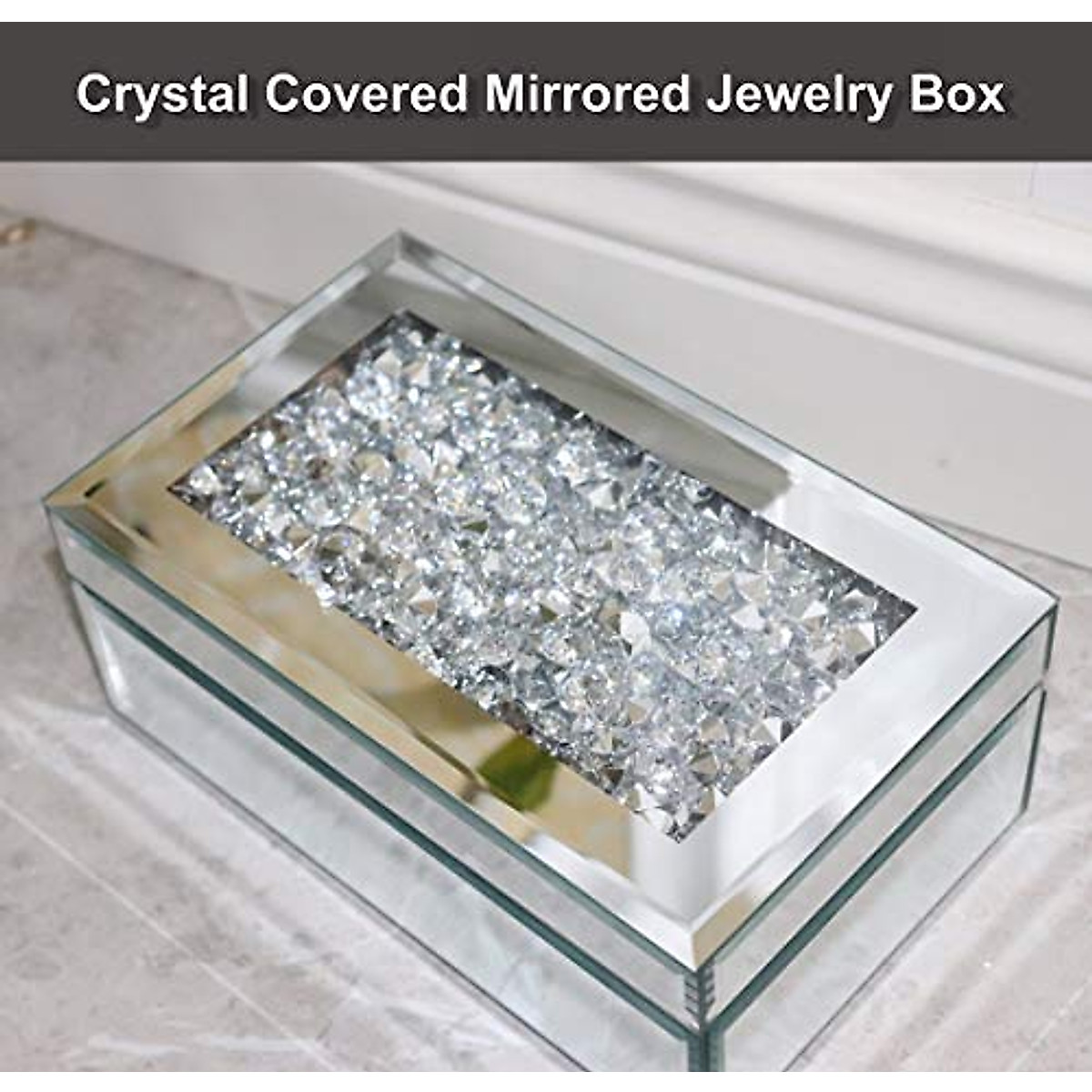 Qmdecor Luxury Silver Crushed Diamond Glass Mirrored Jewelry Box Organizer Storage Jewelry Box For Women