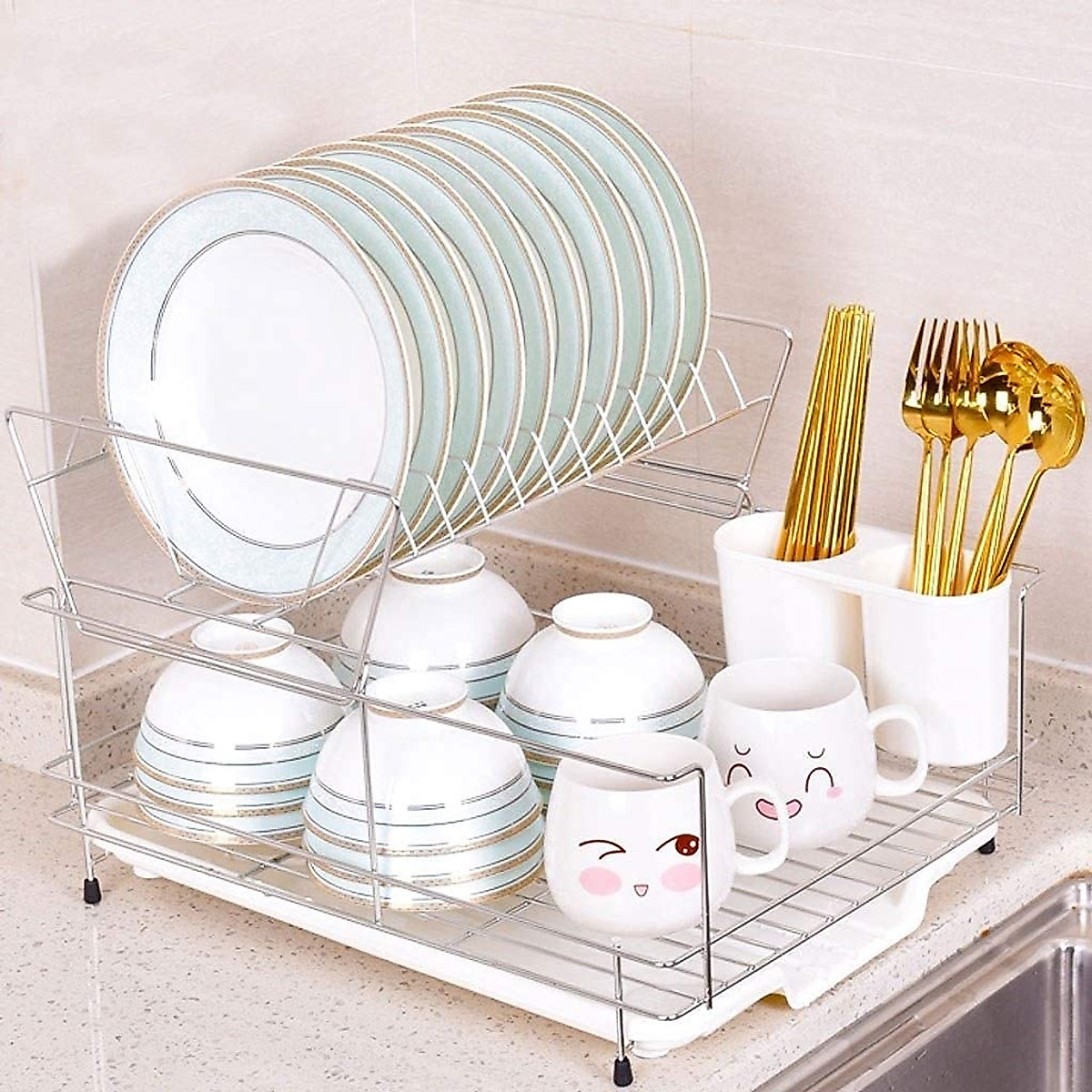 Plate Rack Draining Dish Rack Dish Drying Rack 2 Tier Dish Rack With Drainboard, Dish Drainer With Utensil Holder And Cup Holder Pan Plate Holder
