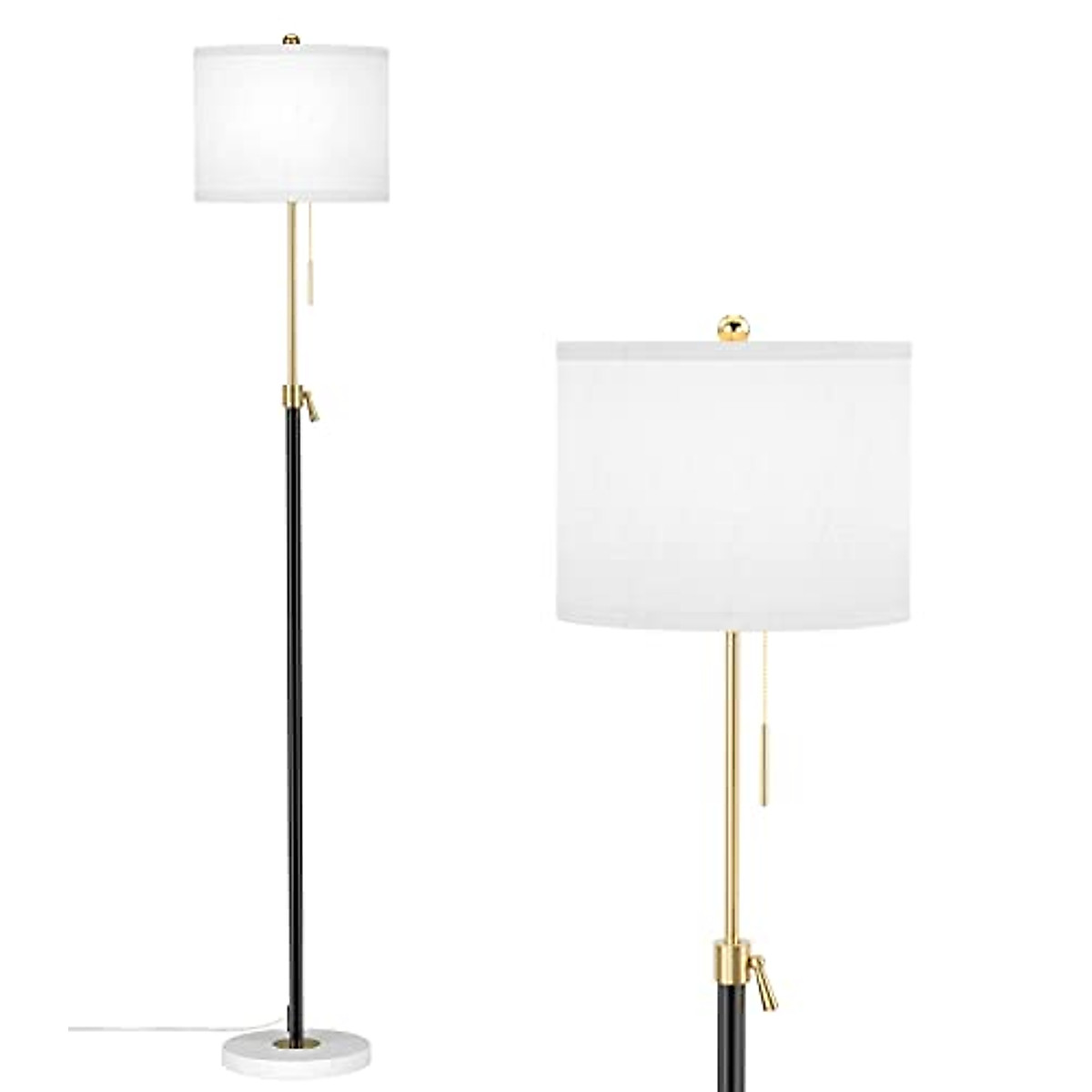 Floor Lamp for Living Room Adjustable Tall Standing Lamp, 3-Way Dimmable Floor Lamp for Bedroom Office, Black Gold Lamp with Marble Base and White Linen Shade, 6W 3000K LED Blub Included
