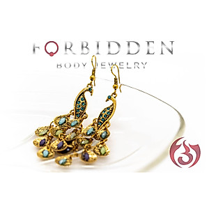 Forbidden Body Jewelry Vintage Peacock Earrings, Feather Earrings, Feather Earrings for Women, Blue Epoxy Crystal Feather Dangle Statement Earrings (Gold Tone)