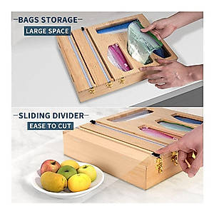 EAZE STORE Ziplock Bag Foil Plastic Wrap Dispenser Kitchen Drawer Organizer With Built-In Slider Cutter For Drawer Or Wall Mount Bamboo 6 In 1 Dispenser