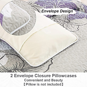 DJY 3 Pieces Quilt Set King Purple Lily Pattern Quilt Coverlet Set Boho Floral Bedspread with 2 Pillow Shams Lightweight Microfiber Elegant Bedding Quilt Set All Season (Purple, 104"x90")