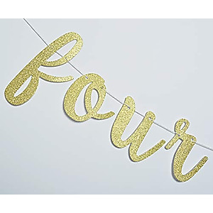 Four Ever Young Banner for 4th Birthday Party Decorations Supplies, Pre-Strung Cursive Bunting Photo Booth Props Sign(Gold)
