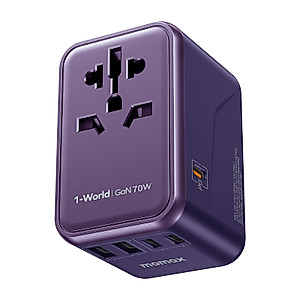 MOMAX Universal Travel Adapter, 70W GaN Travel Plug Adapter with UK,EU,AU,US Plugs, 3USB-C PD & 2USB-A QC International Adapter Charger, International Adapter for Laptops Phones Vision Pro, Purple